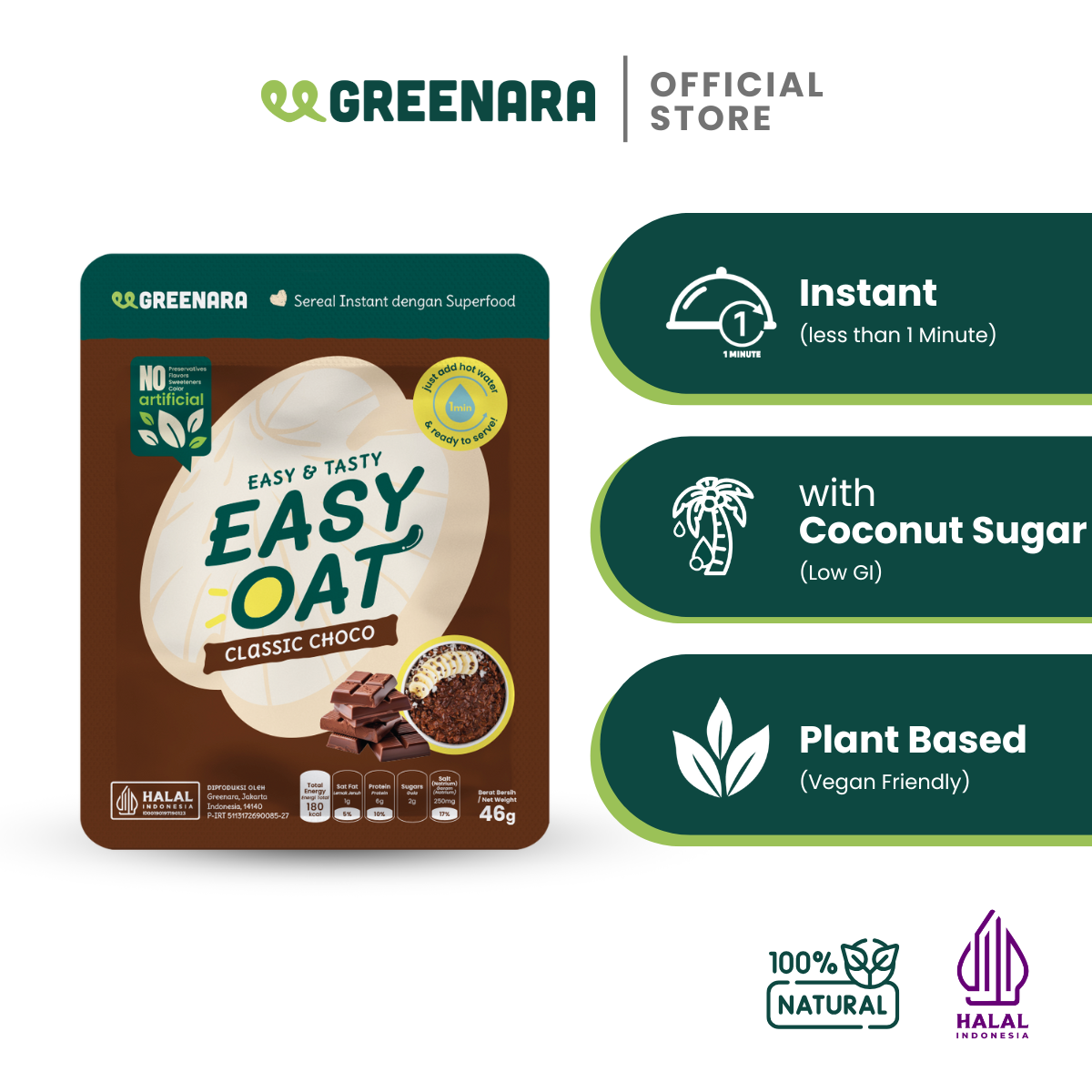 Easy Oat Classic Choco 46g / Oat Instan Rasa Coklat – Greenara